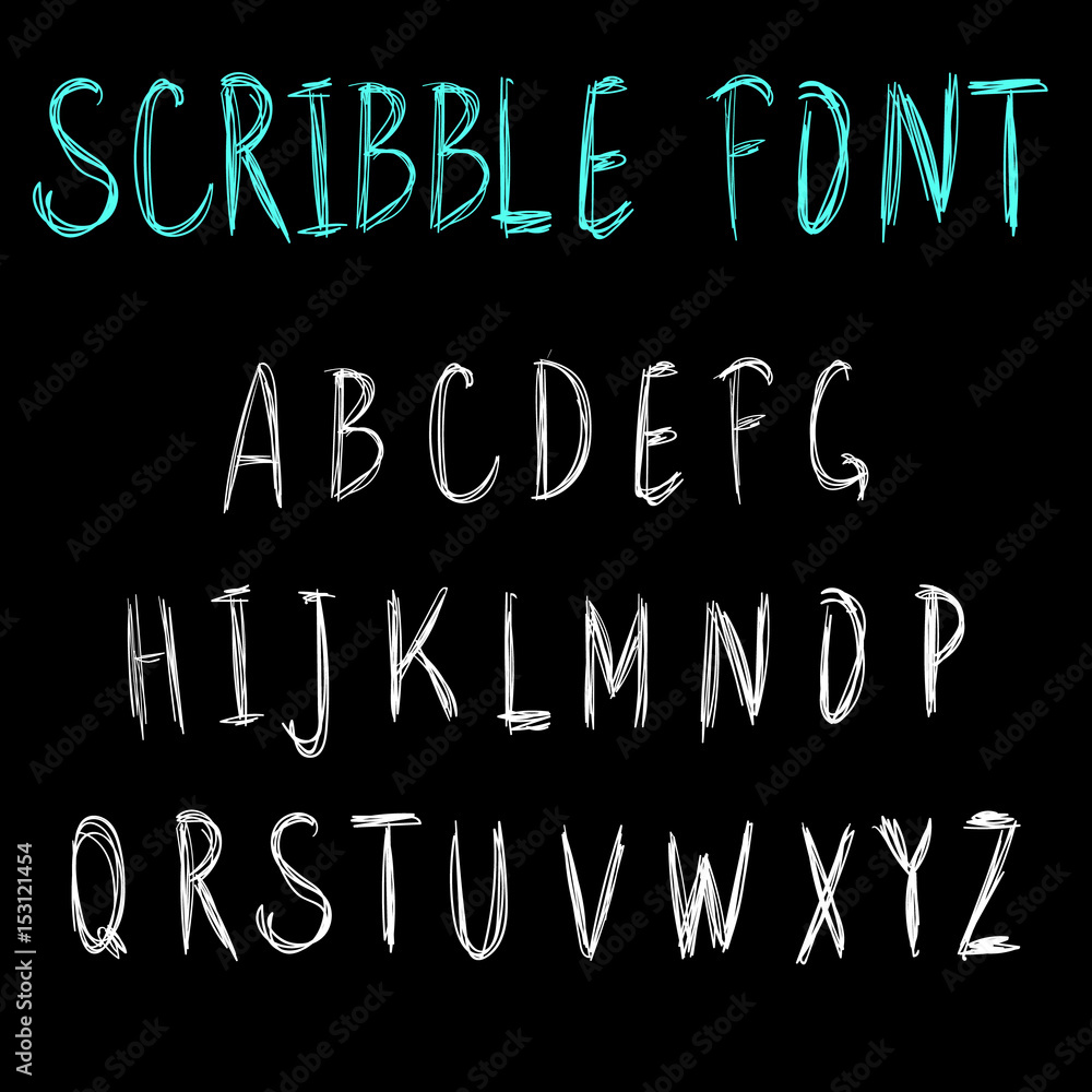 Scribble font. VECTOR light blue and white letters on black. Stock ...