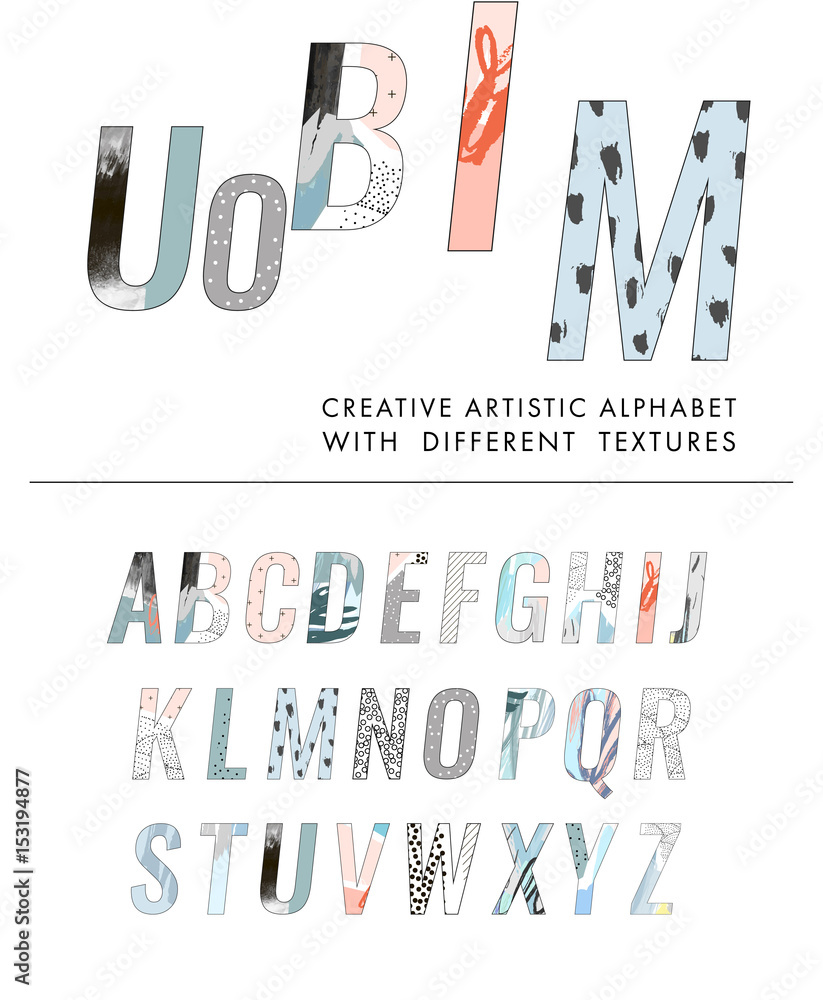 Vector Hand Drawn Artistic Alphabet . Letters with different textures ...