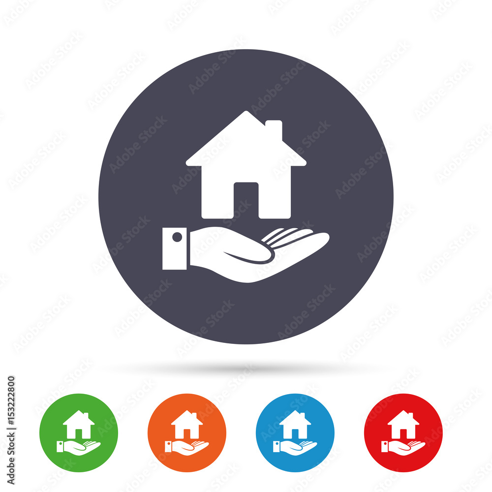 Home and hand sign. Palm holds house symbol. Stock Vector | Adobe Stock