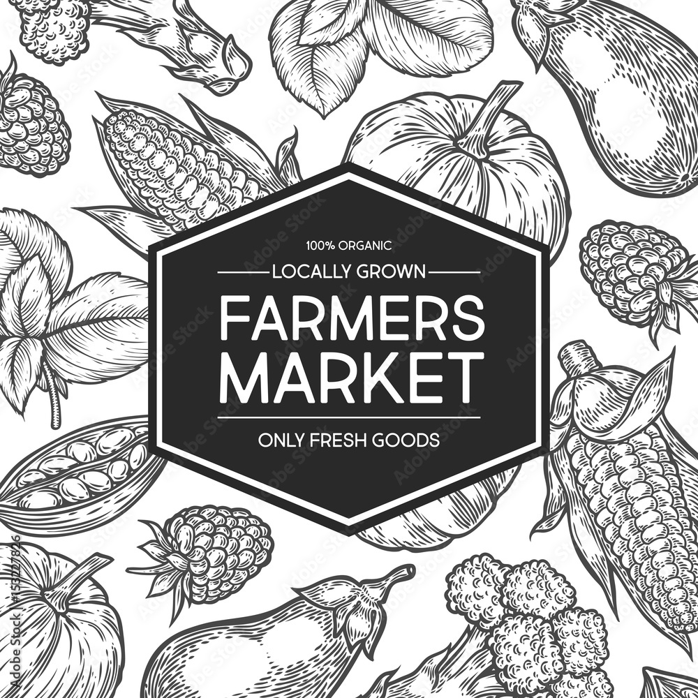 Farmers Market Shop Organic Food Vector Hand Drawn Template Packaging Farmers Market Shop Organic Food Vector Hand Drawn Template Packaging