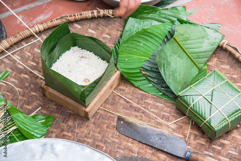 Chung Cake ingredients, tool preparation wrapping. Square shape wood ...