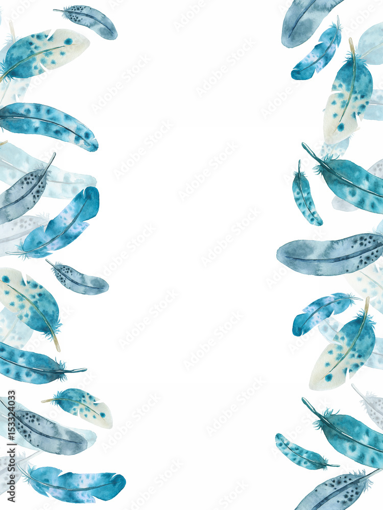 watercolor vertical feather border on white background Stock ...