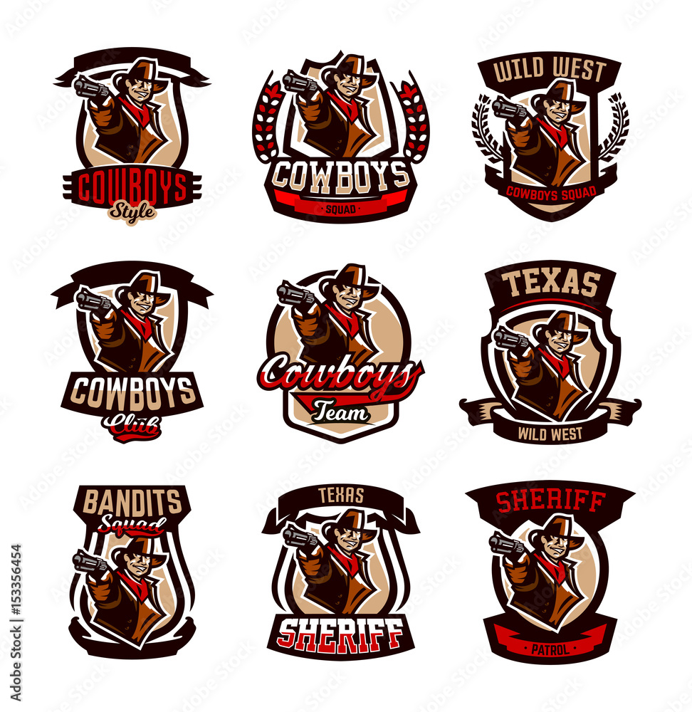 Vetor do Stock: A set of colorful emblems, logos, cowboy with a ...