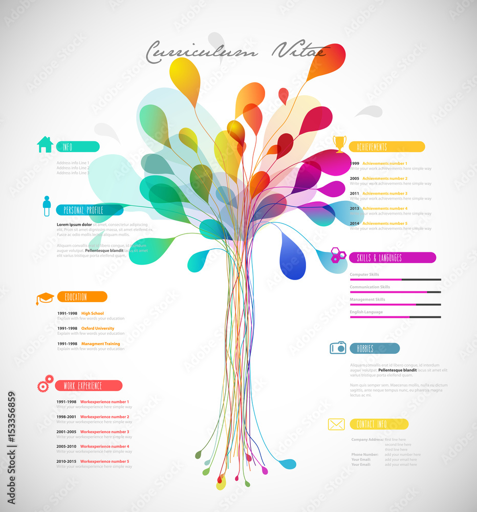 Creative, color rich CV / resume template with abstract tree in the ...