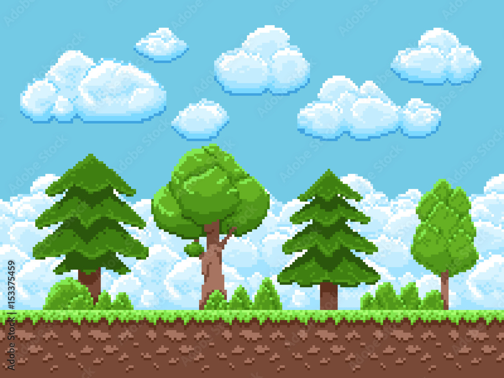 Pixel game vector landscape with trees, sky and clouds for 8 bit ...
