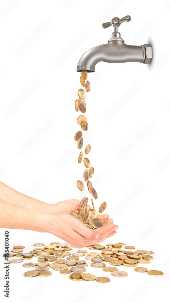 Coins fall from the tap into hands Stock Photo | Adobe Stock
