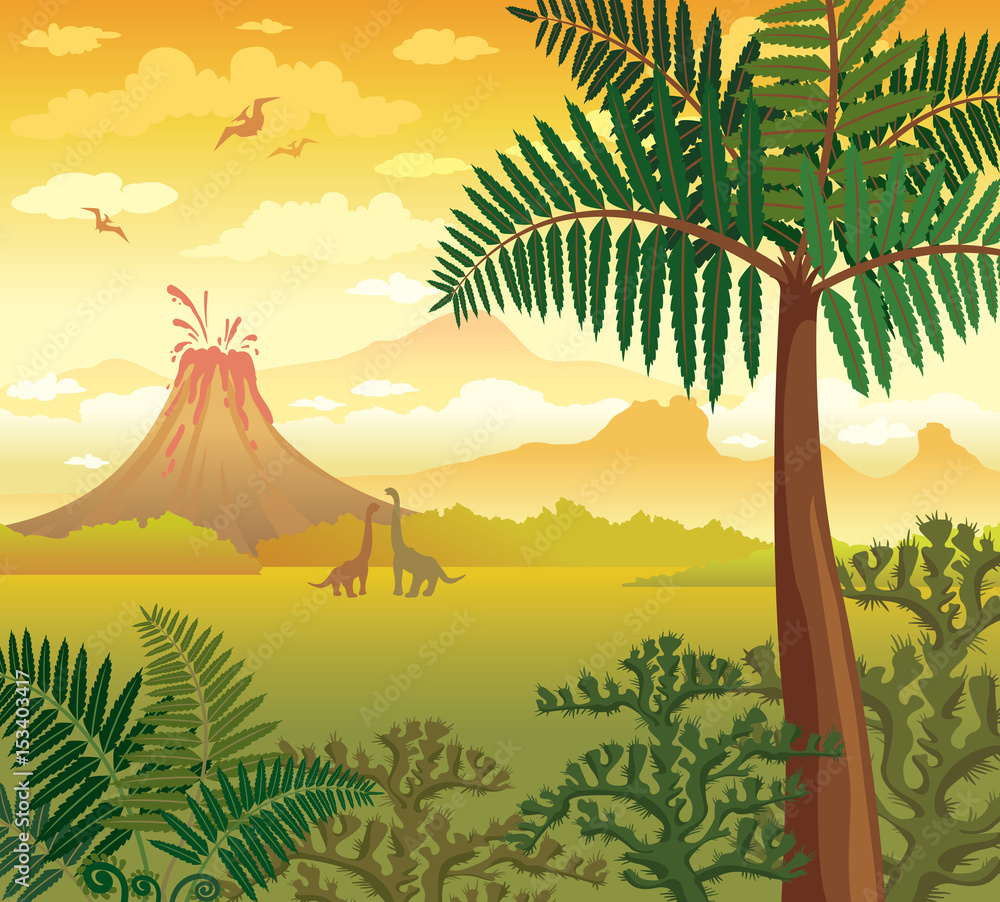 Prehistoric landscape with dinosaurs, volcano and plants. Stock Vector ...