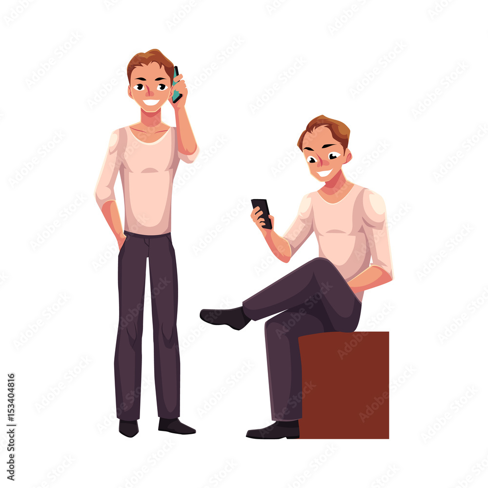 Young man talking by mobile phone standing, using smartphone, messaging ...