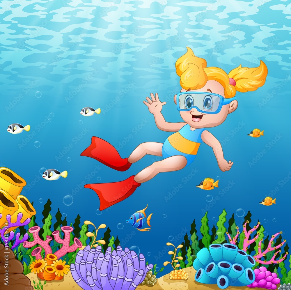 Cartoon girl swimming underwater with fish Stock Vector | Adobe Stock