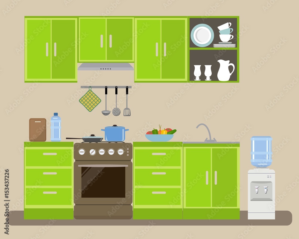 Modern kitchen in a green color. There is a kitchen furniture, a stove ...