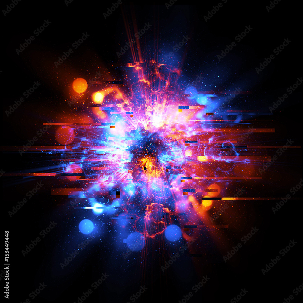 Light corrupted ring on dark background. Glowing energy ball. Glitch ...