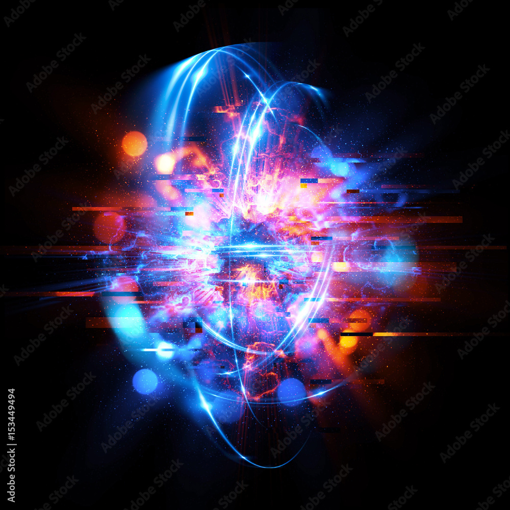 Light corrupted ring on dark background. Glowing energy ball. Glitch ...