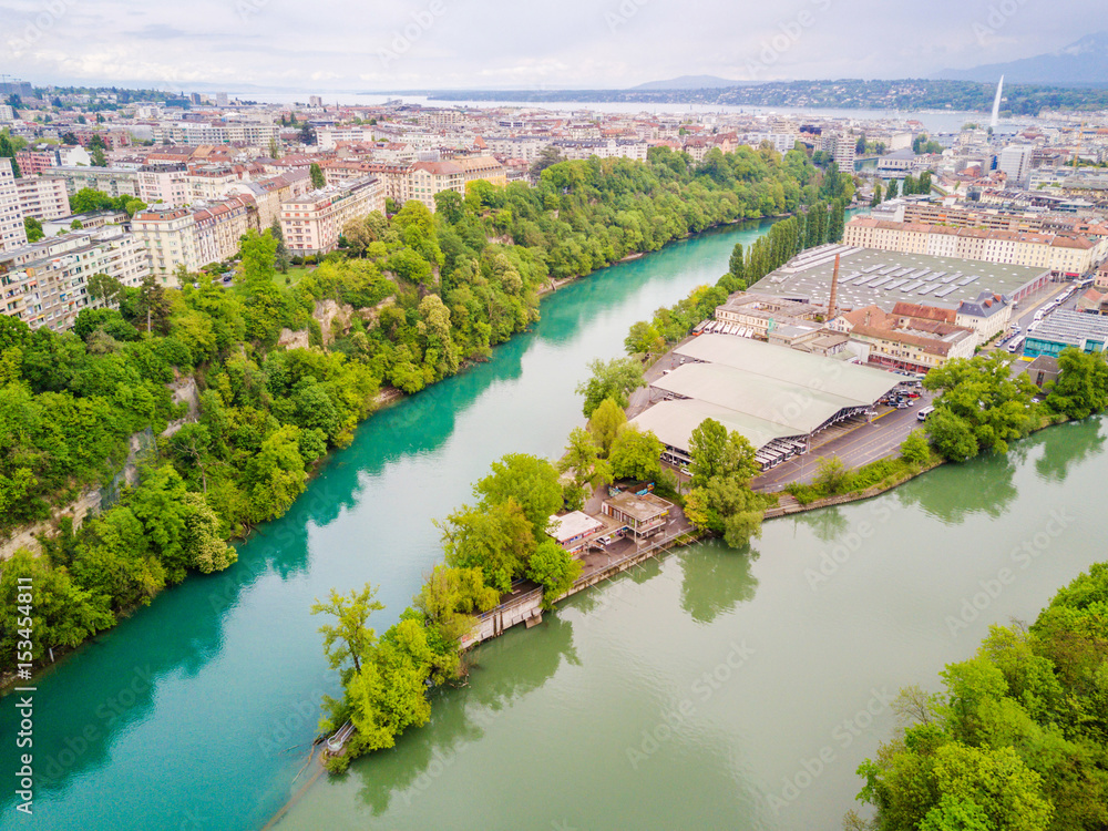 Nature, Aerial View of Arve an Rhone River confluent in Geneva ...