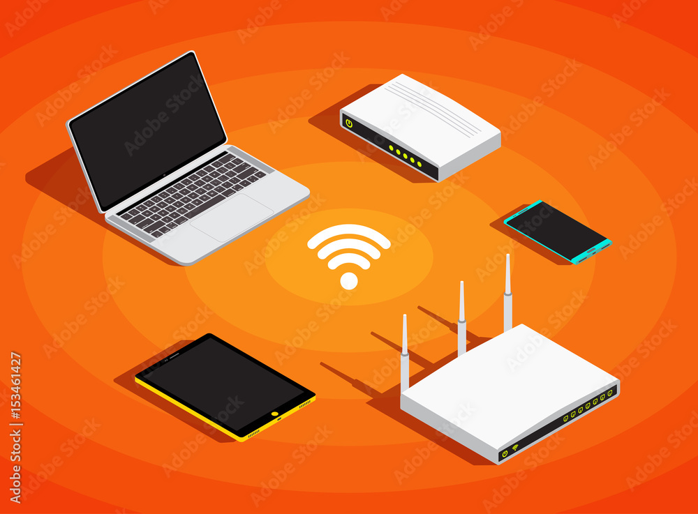 Isometric electronic devices, wifi network sharing. Laptop, smartphone ...