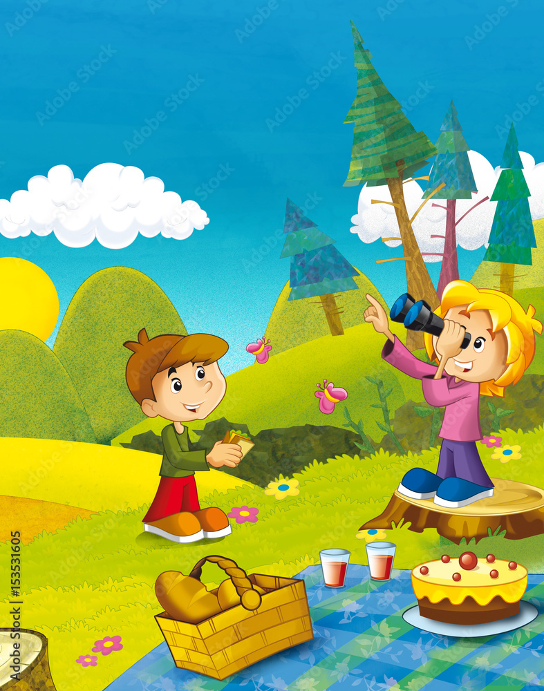 cartoon scene with children having fun in the mountains Stock ...