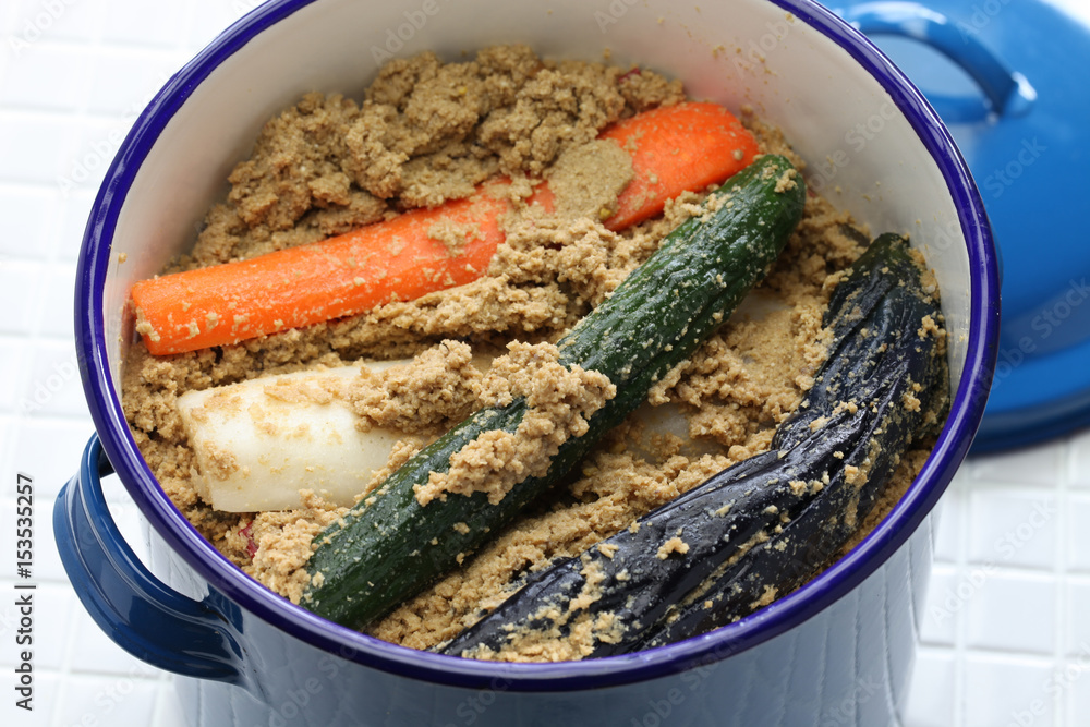 homemade nukazuke, bran pickled vegetables, japanese traditional food ...