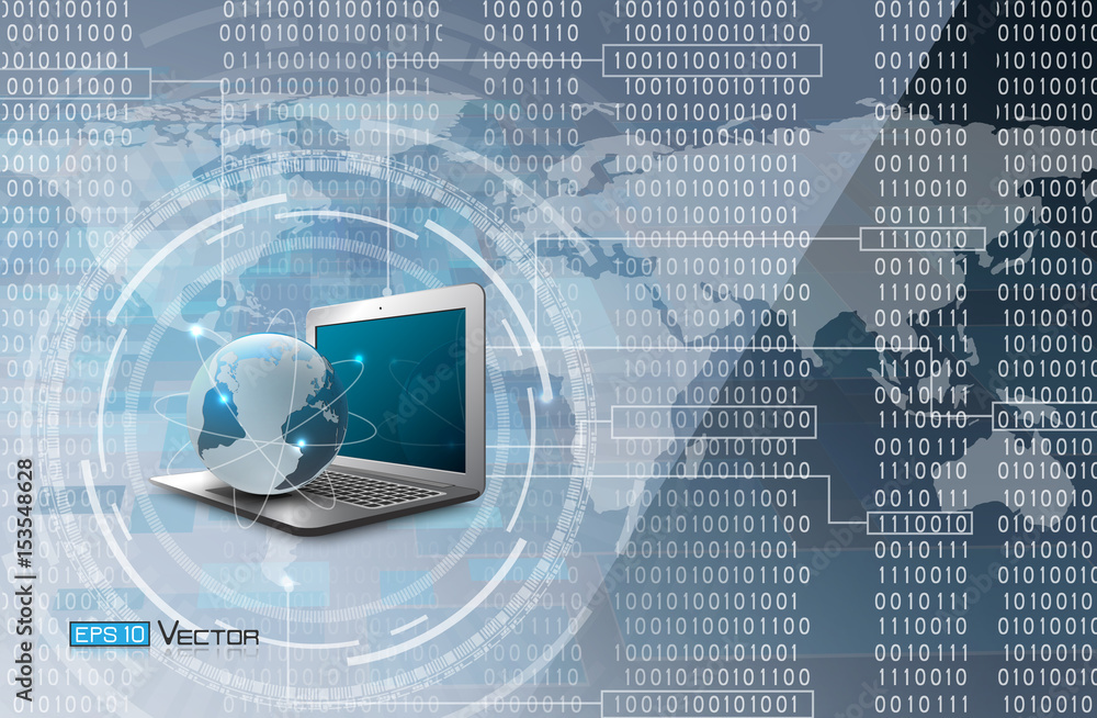 Binary code and world map and computer Stock Vector | Adobe Stock
