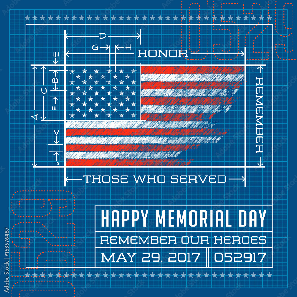 Happy Memorial Day card or banner. American flag design as a blueprint ...
