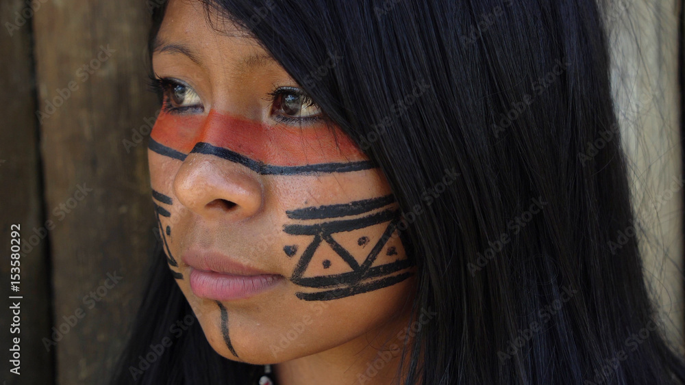 Poster Closeup face of Native Brazilian Woman at an indigenous tribe in ...