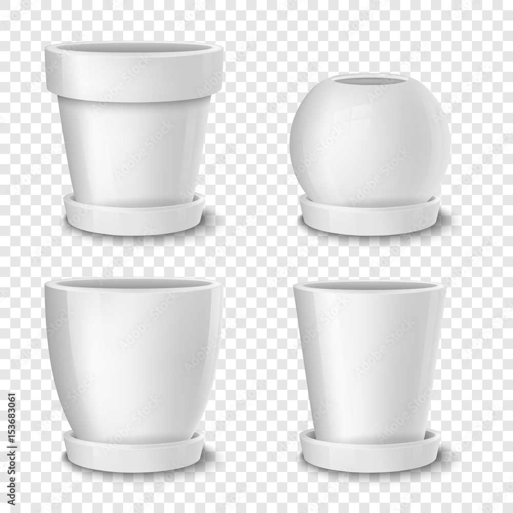 Realistic vector white empty flower pot with plate set. Closeup ...