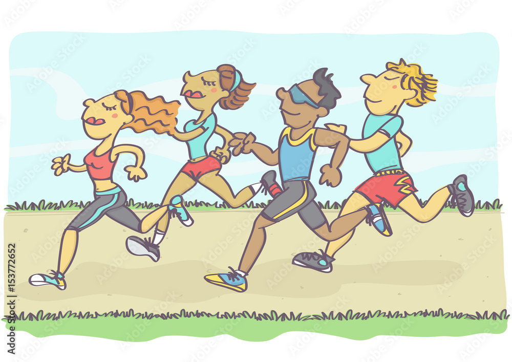 Vector cartoon illustration with group of people jogging Stock Vector ...