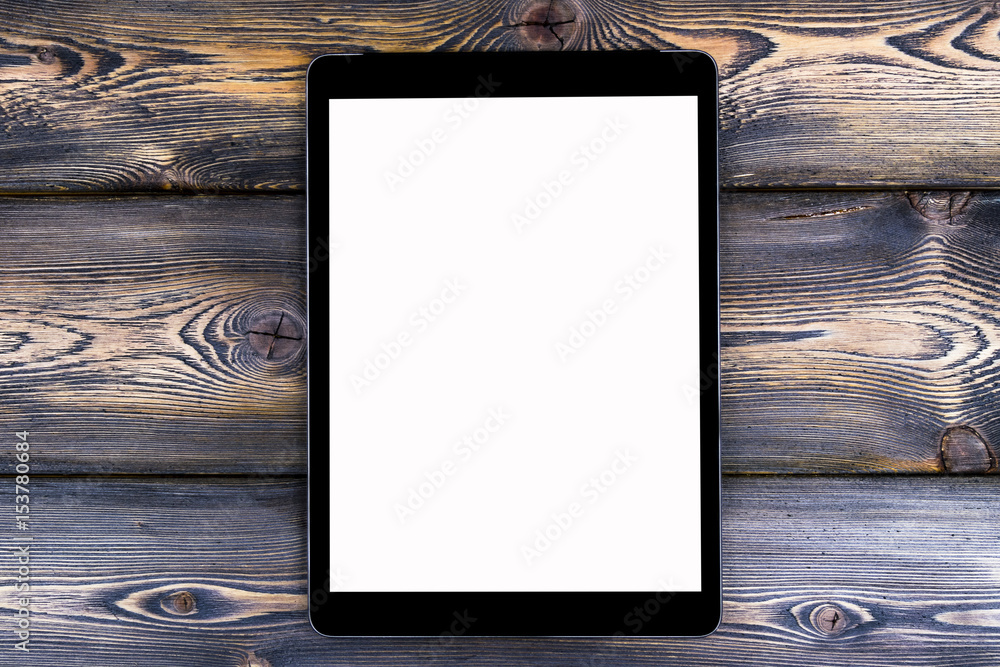 Tablet computer PC with blank screen mock up isolated on dark wood ...