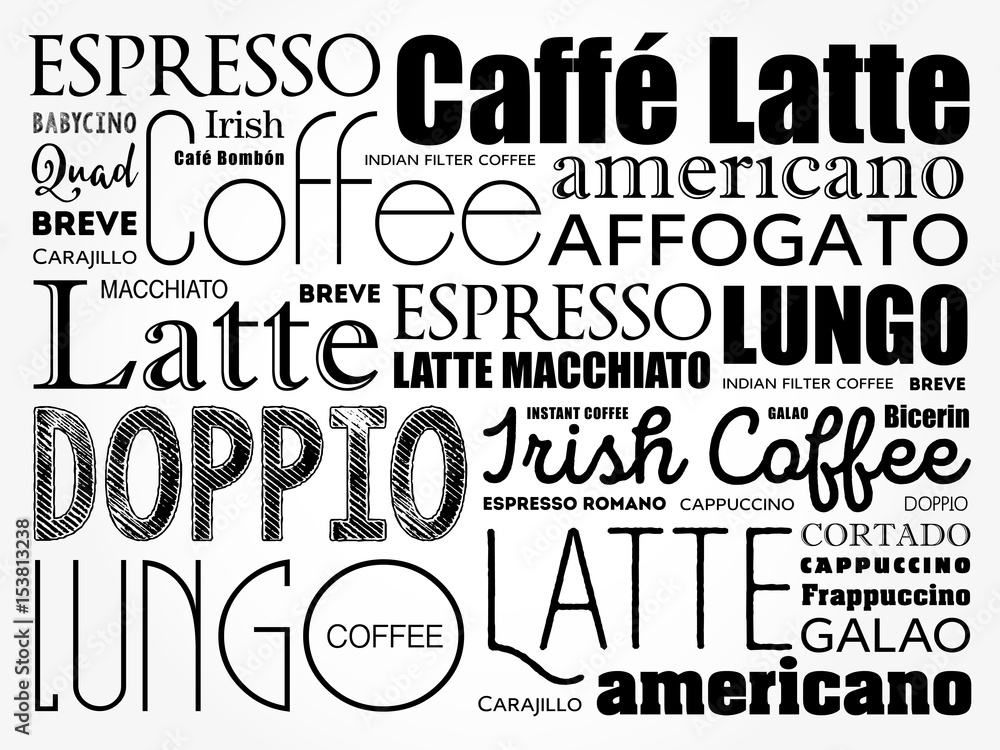 List of coffee drinks words cloud collage, poster background Stock ...