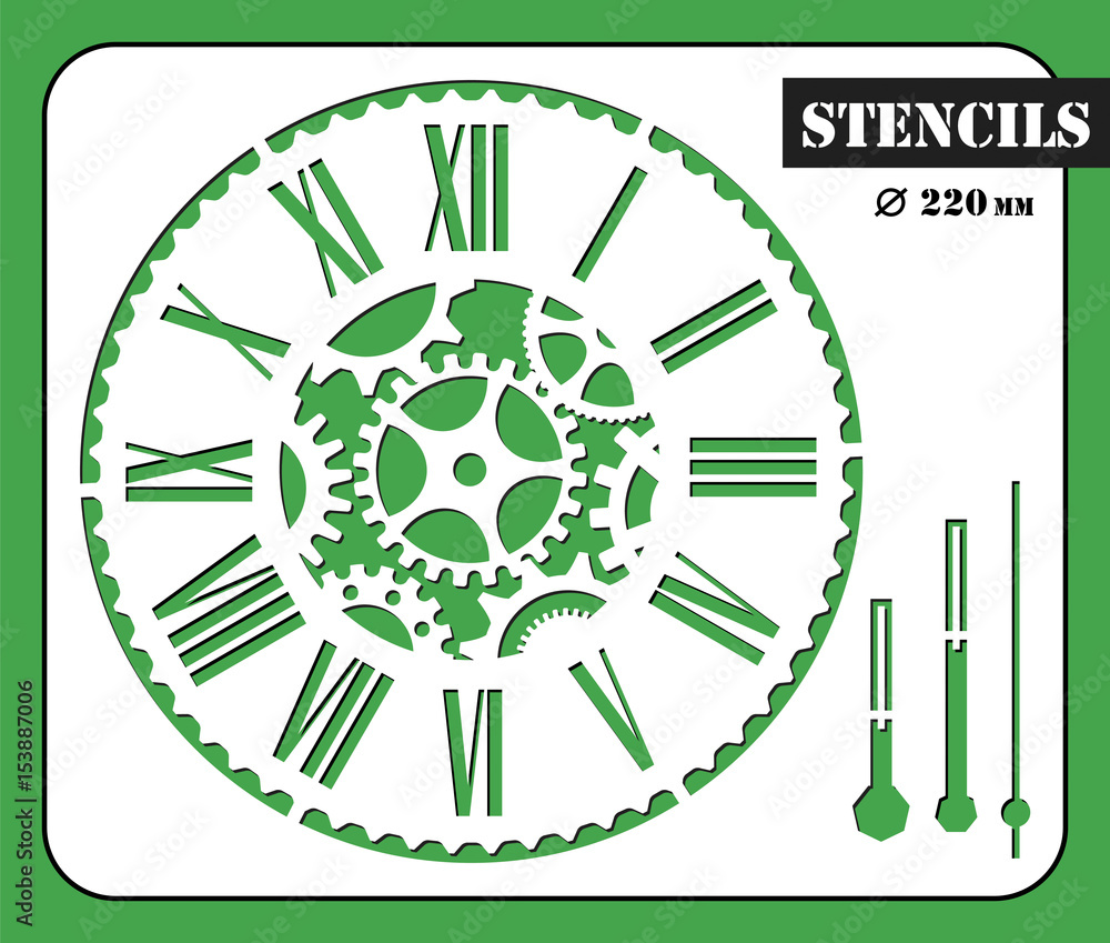 Stencil. Gear wheels of clockwork. Geometric circle dial with arrows ...