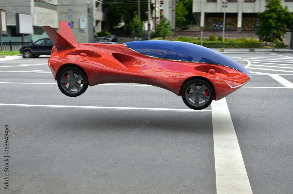 Red Air Vehicle At The Parking Lot, Urban Flying Car 3d Concept ...