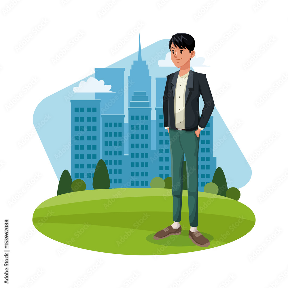cartoon guy standing grass with city building background vector ...