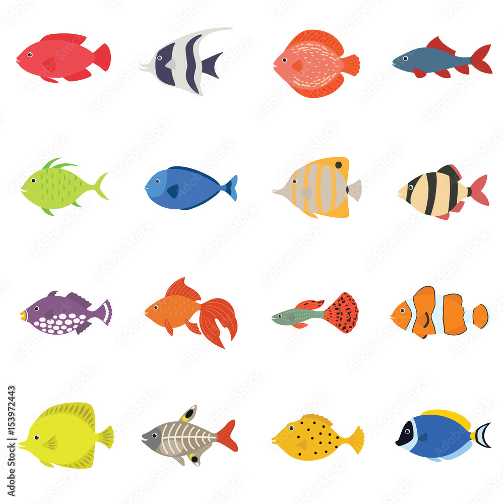 Cute fish vector illustration icons set. Tropical fish, sea fish ...