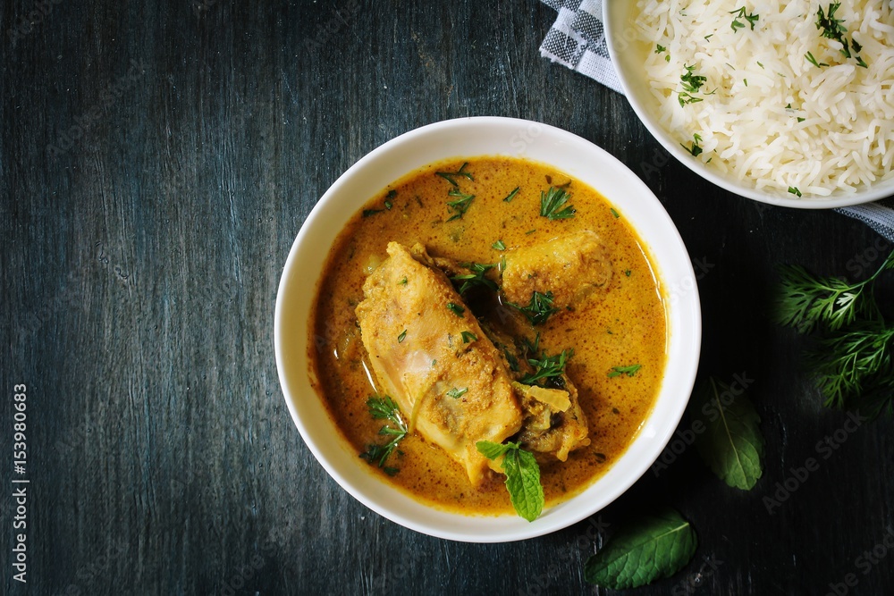 Chicken Curry served with Basmati Rice, top down view Stock Photo ...