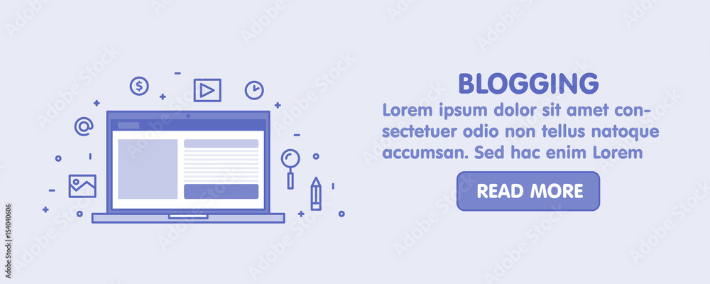 Line Blogging concept web banner. Laptop screen and icon set vector ...