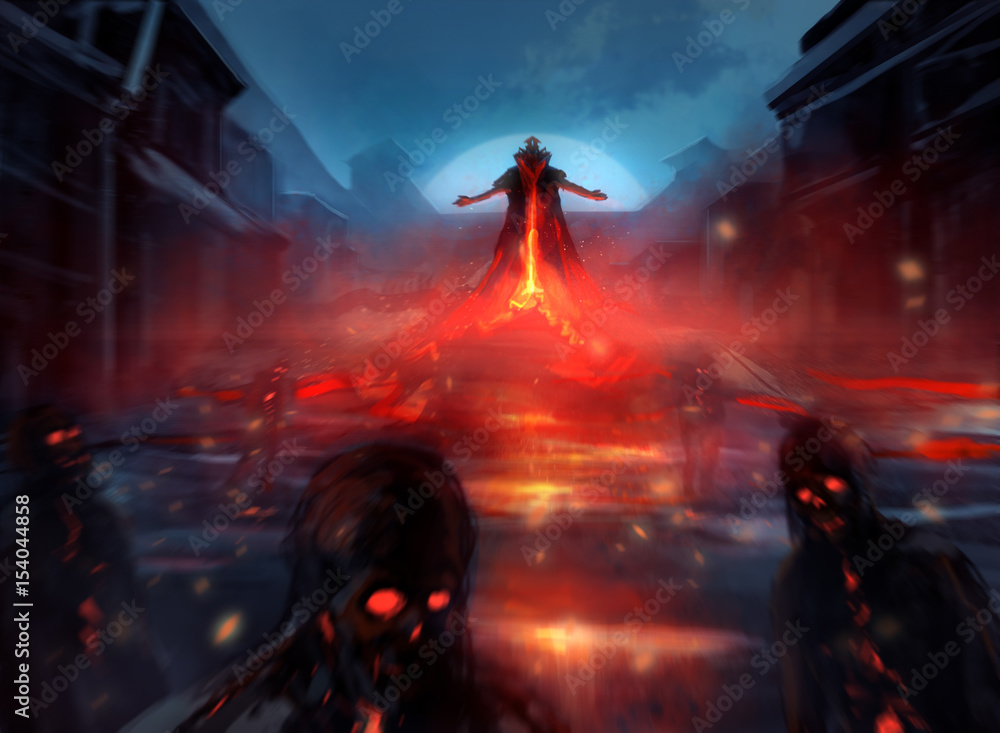 Illustration of a demon lord summoning evil zombie forces with fire ...