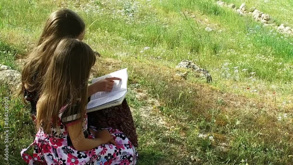 Two Blond Girls Are Reading a Book on the Field. Walk Early in the ...