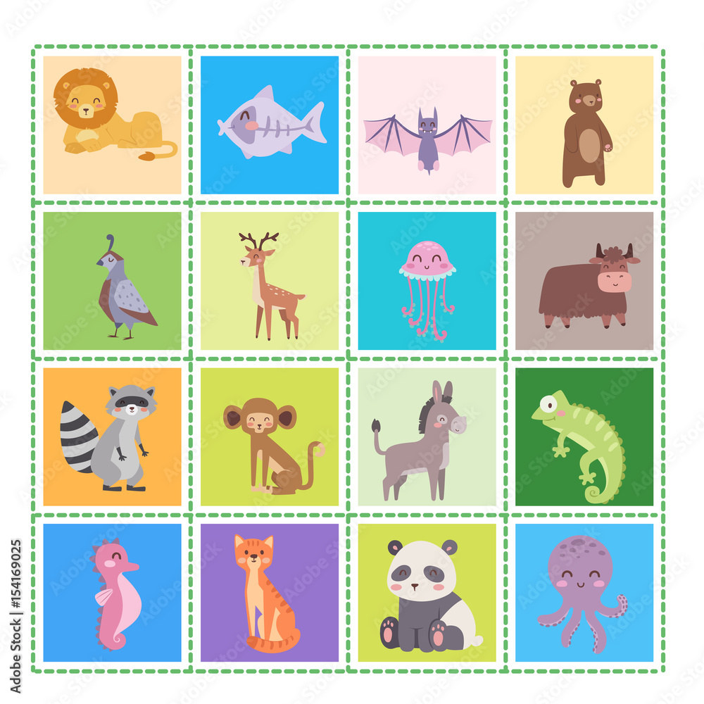 Cute zoo cartoon animals isolated funny wildlife learn cute language ...