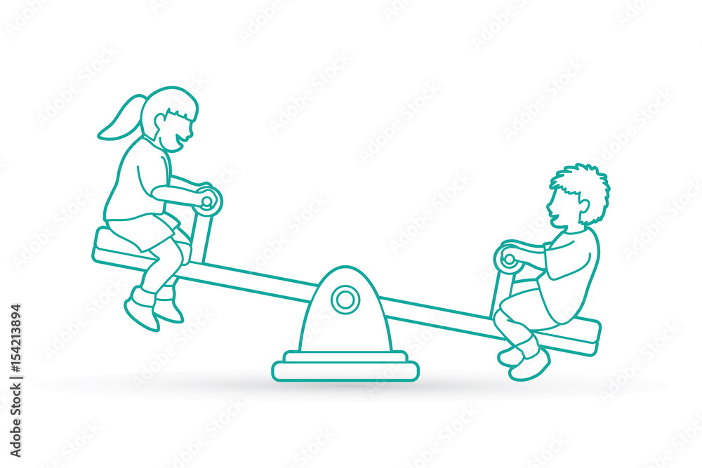 Happy Children, Little boy and girl are playing seesaw together outline ...