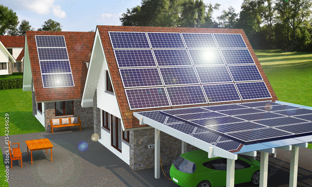 Solar an Wind Power House 3d concept, Solar Panels With Lens Flare ...