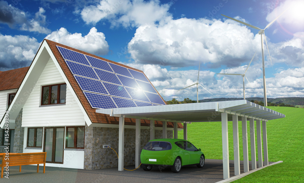 Solar an Wind Power House 3d concept, Solar Panels With Lens Flare ...