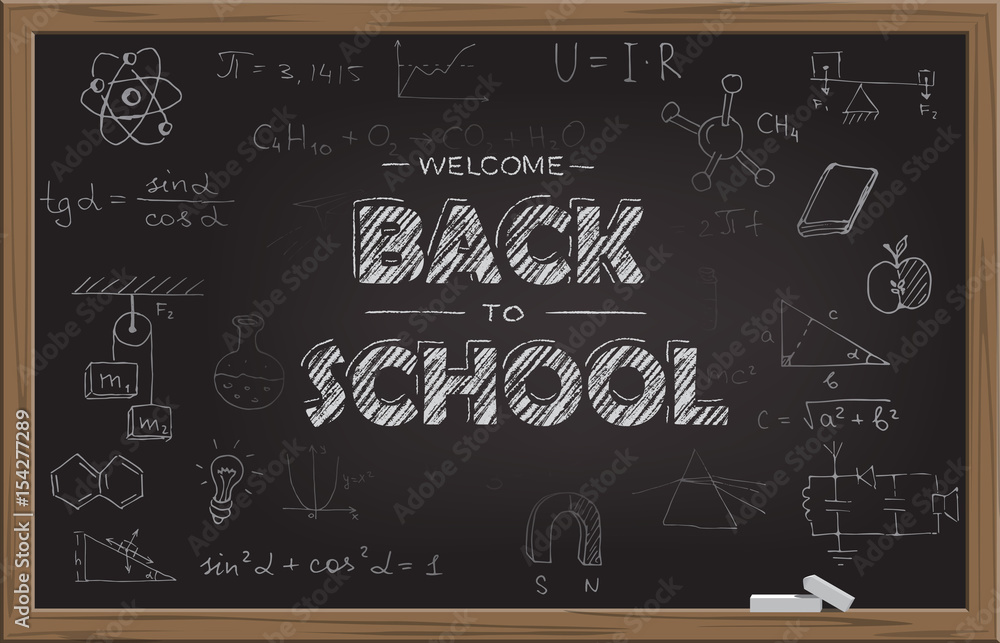 Black school blackboard with chalk WELCOME BACK TO SCHOOL text and ...