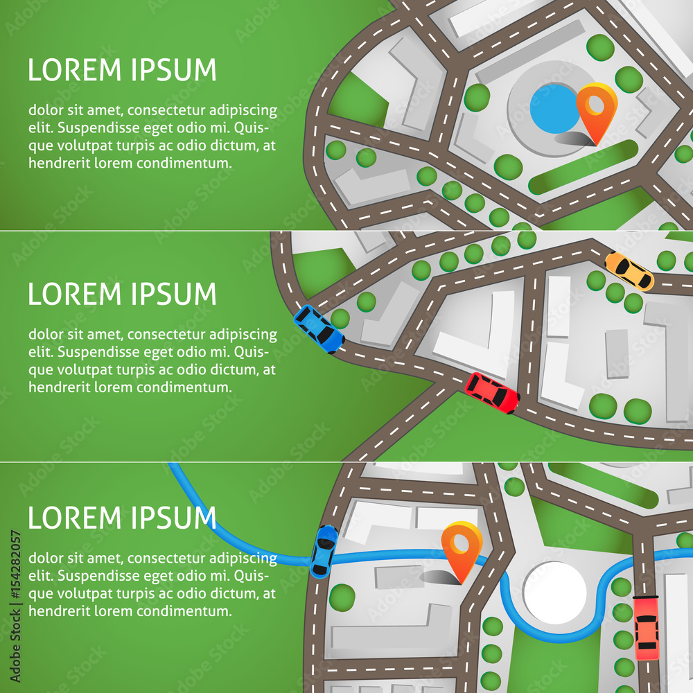 Vector illustration. City map top view with roads, colourful cars and ...