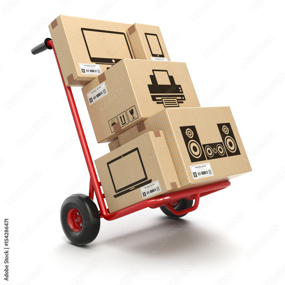 Sale and delivery of computer technics concept. Hand truck and ...