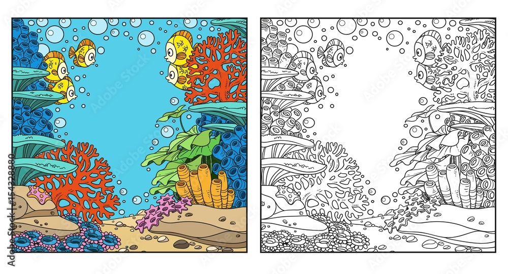 Underwater world with corals and fishes coloring page isolated on white ...