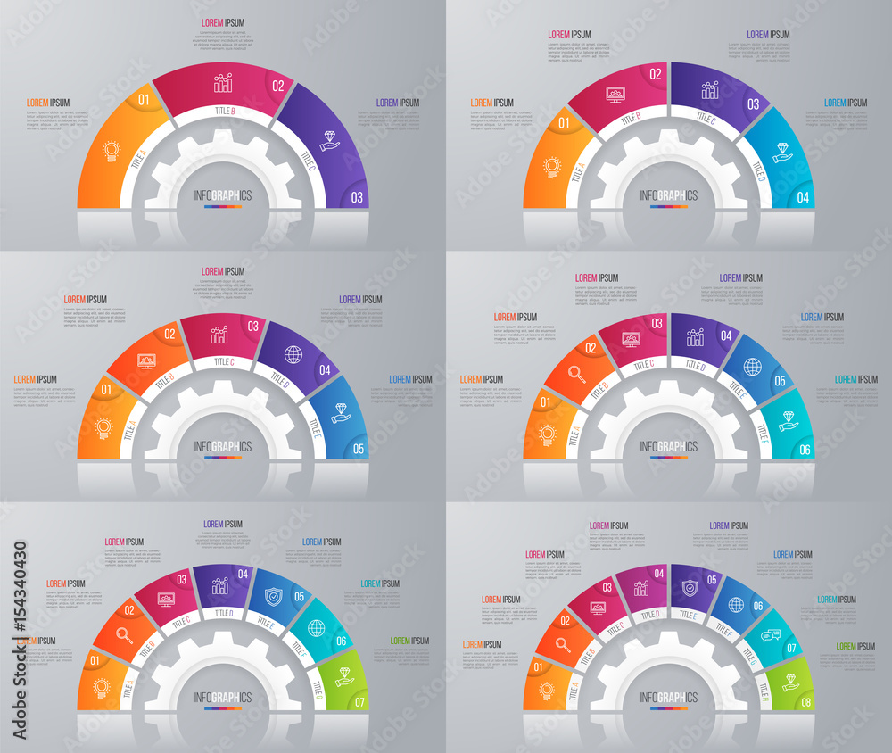 Collection of vector circle chart templates for infographics with 3-8 ...