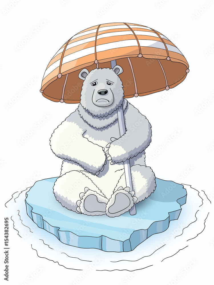 Cute white bear sitting on the melting ice holding a umbrella, trying ...