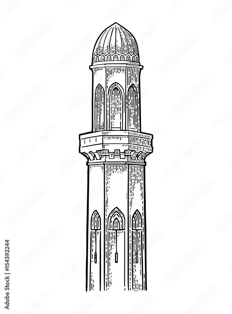 Minaret. Vector black vintage engraving illustration Stock Vector ...