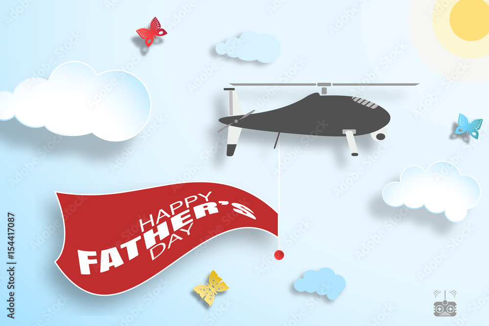 Happy Father's Day wide vector poster with blue sky, sun, paper clouds ...