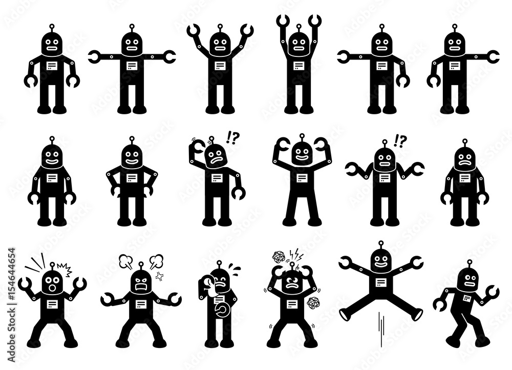 Robot Cartoon Characters in Various Poses, Actions, and Emotions ...