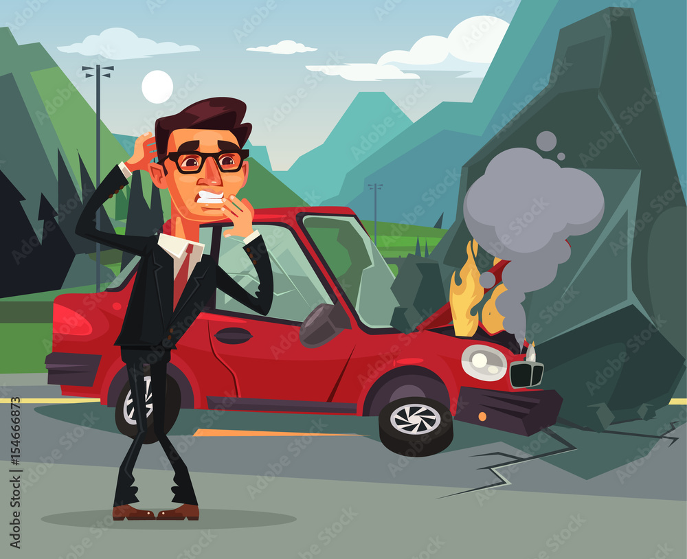 Car accident. Angry crying scaring victim businessman office worker ...
