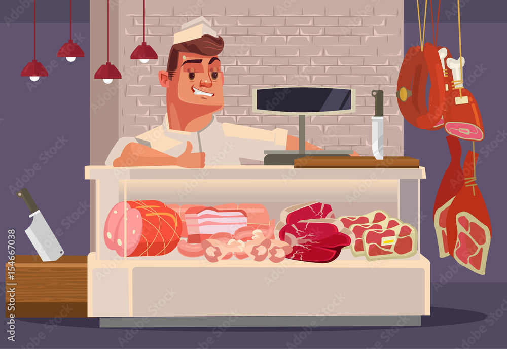 Happy smiling sales man butcher offering fresh meat. Vector flat ...
